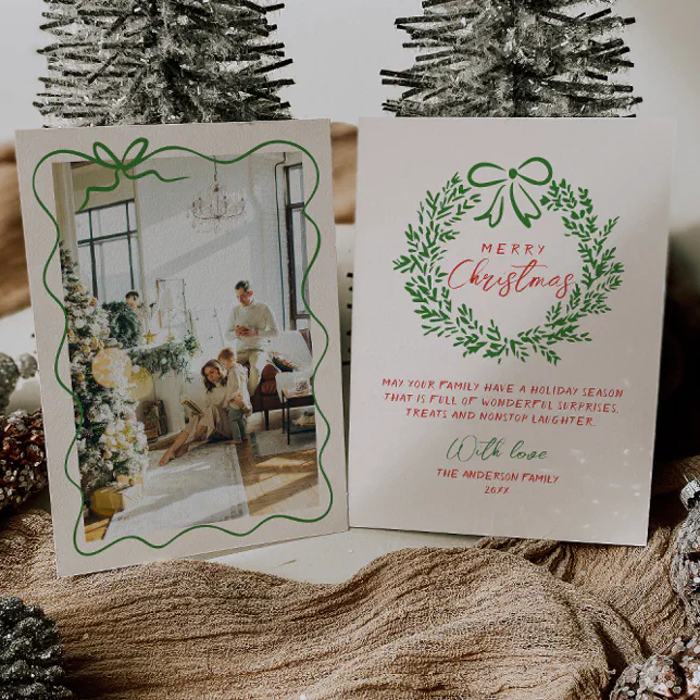 Retro Red Hand Drawn Ribbon Wreath Photo Christmas Holiday Card | Zazzle