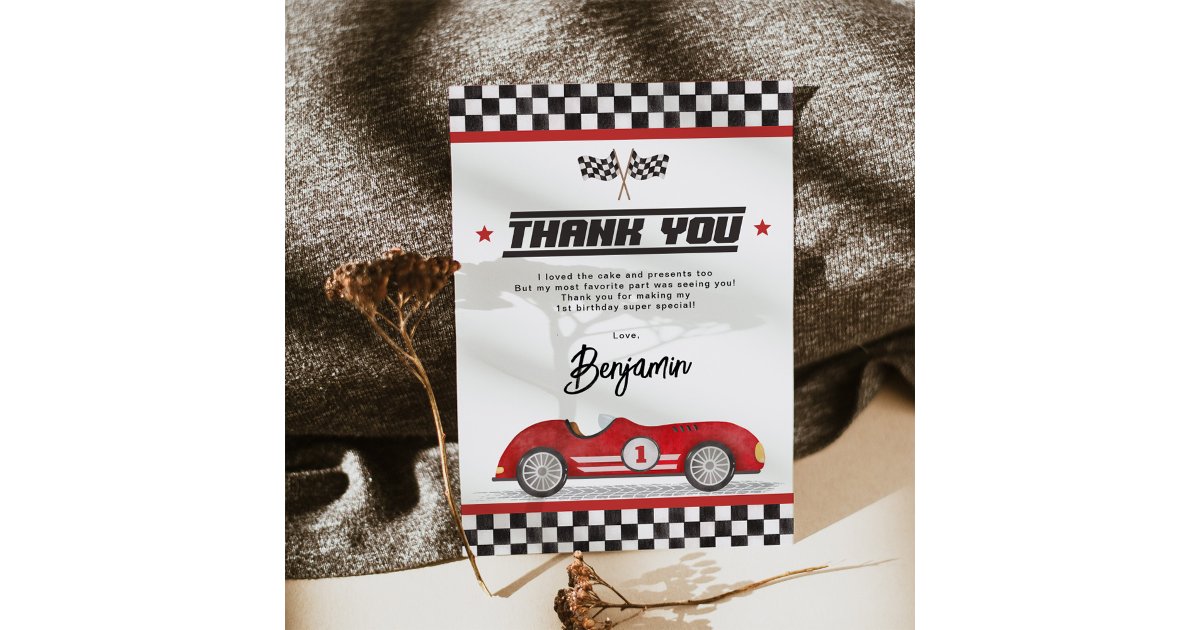 Retro Red Race Car Boy Birthday Party Thank You Card | Zazzle