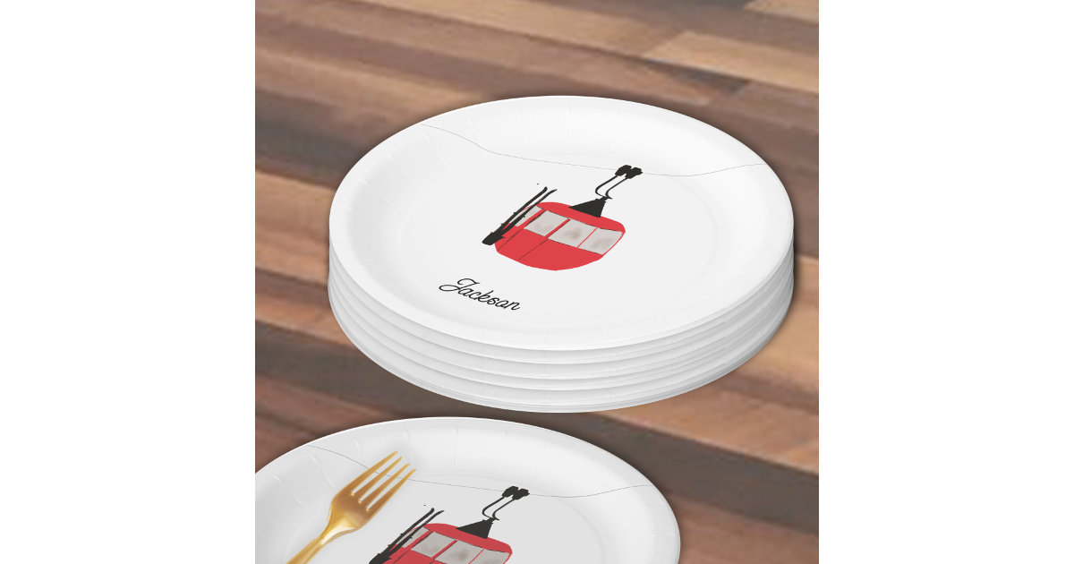 Retro Red Ski Gondola Lift Personalized Paper Plates | Zazzle