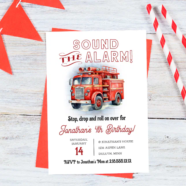 Retro Red Sound the Alarm Fire Truck Birthday Invitation | Zazzle