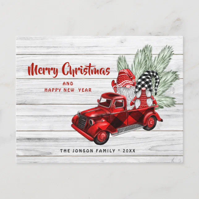 Retro Red Truck Gnomes Christmas Holiday Greeting Postcard | Zazzle