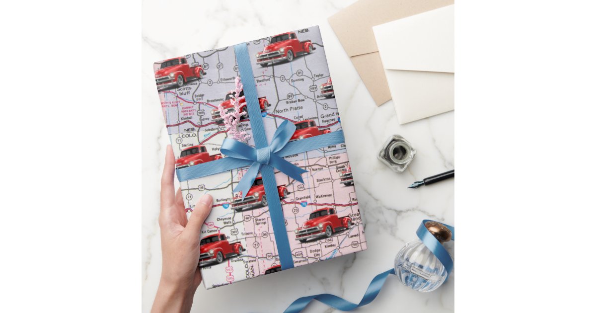 Retro Red Truck on Road Map Wrapping Paper | Zazzle