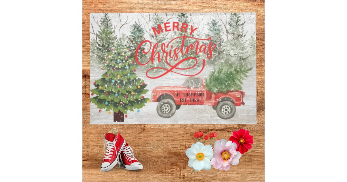 Retro red tuck rustic winter family name Xmas tree Doormat | Zazzle