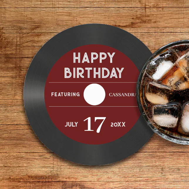 Retro Red Vinyl Record Black Happy Birthday Party Round Paper Coaster ...
