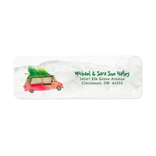 Retro Red Wagon Christmas Tree Watercolor Return Label | Zazzle