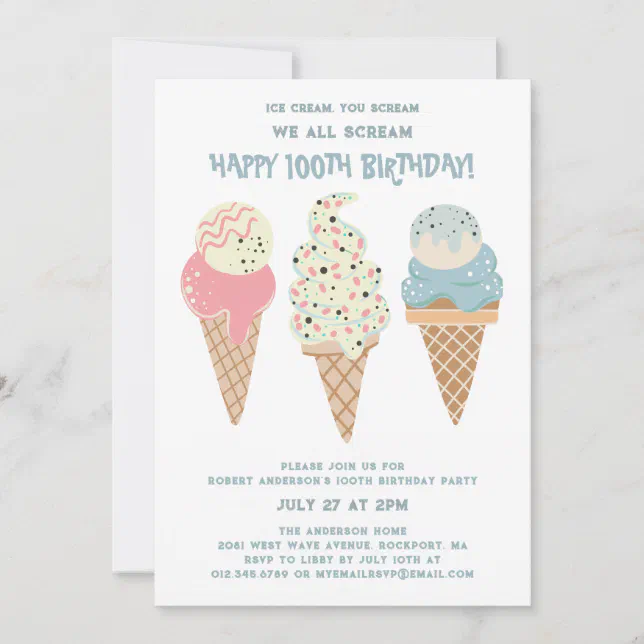 Retro Red White Blue Ice Cream Cone 100th Birthday Invitation | Zazzle