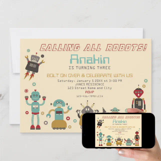 Retro Robot Party Birthday Invitation | Zazzle