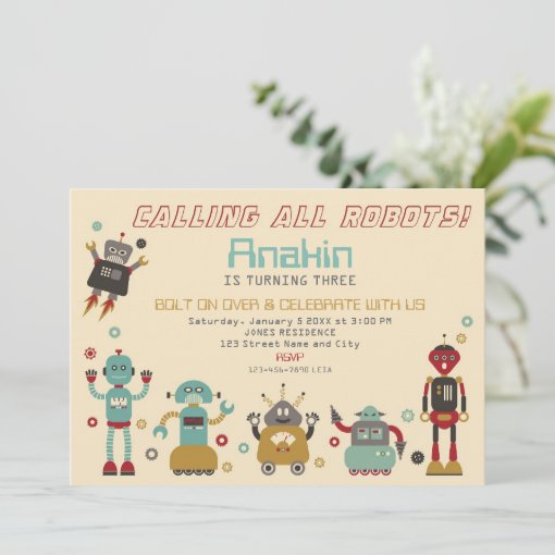 Retro Robot Party Birthday Invitation | Zazzle