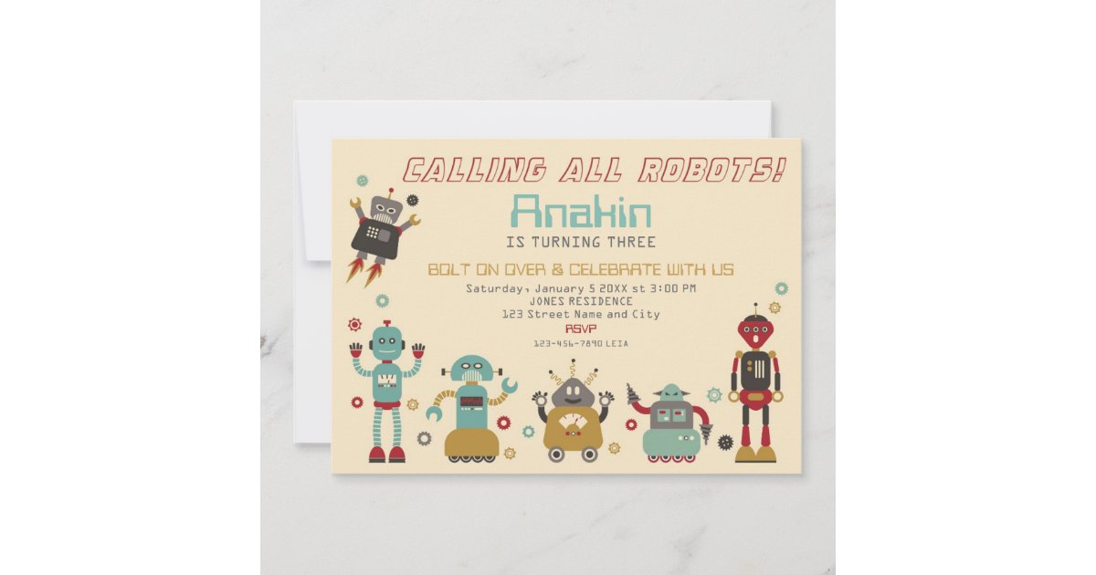 Retro Robot Party Birthday Invitation | Zazzle