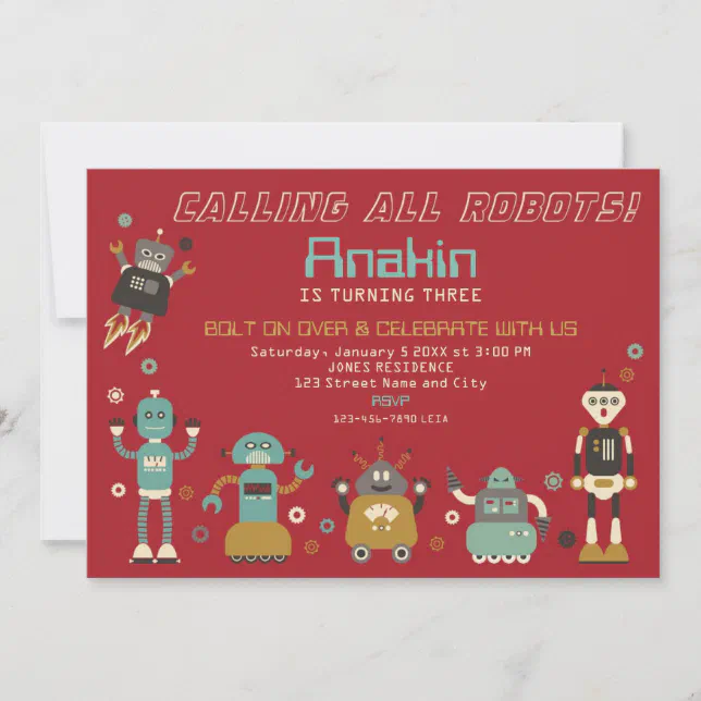 Retro Robots Birthday Party Invitation | Zazzle