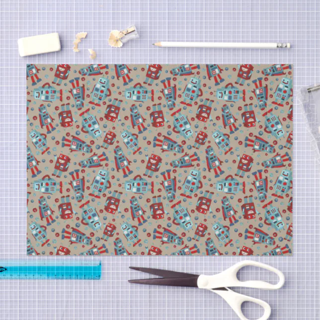 Retro Robots Blue and Red Patterned Tissue Paper | Zazzle