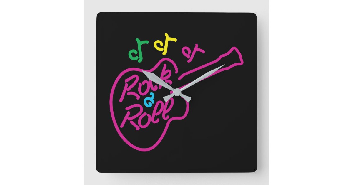 Retro Rock and Roll Neon Sign Guitar and Notes Square Wall Clock | Zazzle