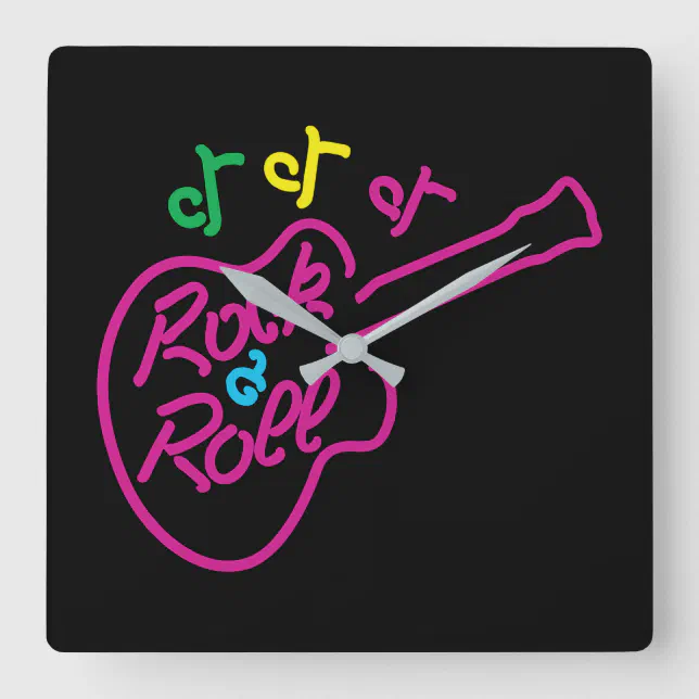 Retro Rock and Roll Neon Sign Guitar and Notes Square Wall Clock | Zazzle