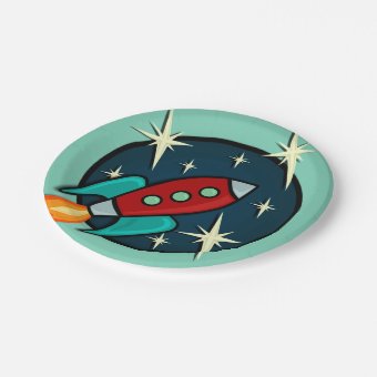 RETRO ROCKET SHIP GRAPHIC PAPER PLATE | Zazzle