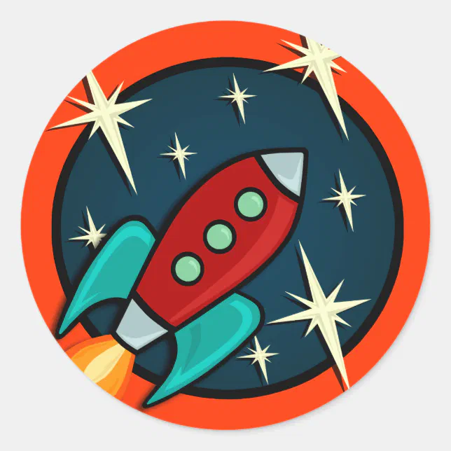 RETRO ROCKET SHIP GRAPHIC ROUND STICKERS | Zazzle