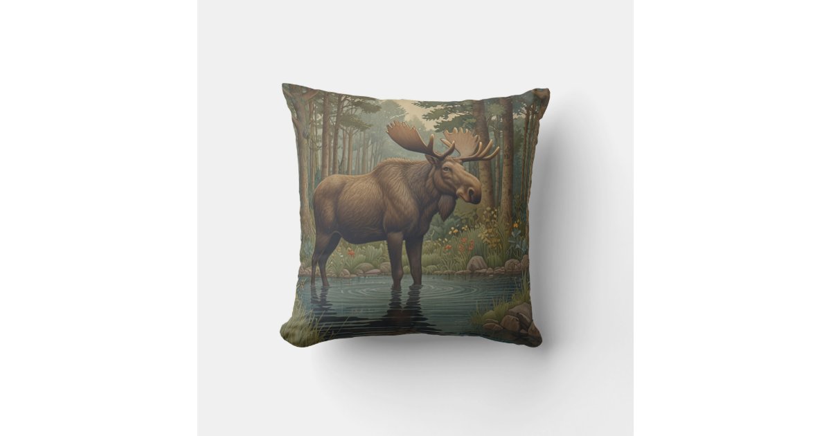 Retro rustic moose boho woodland forest greenery outdoor pillow | Zazzle