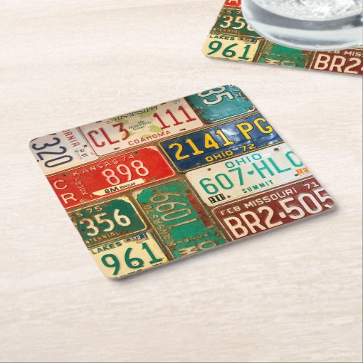 retro rusty license plate collection square paper coaster | Zazzle