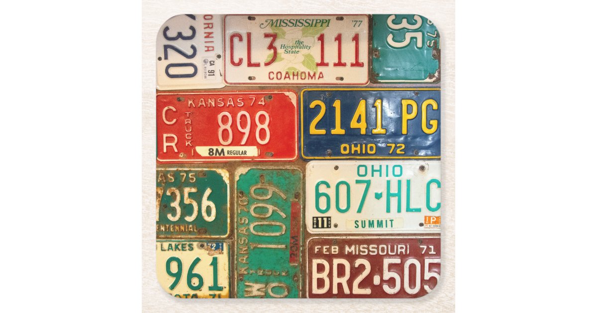 retro rusty license plate collection square paper coaster | Zazzle
