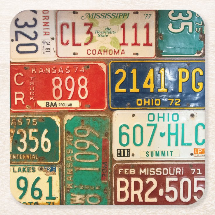 retro rusty license plate collection square paper coaster | Zazzle