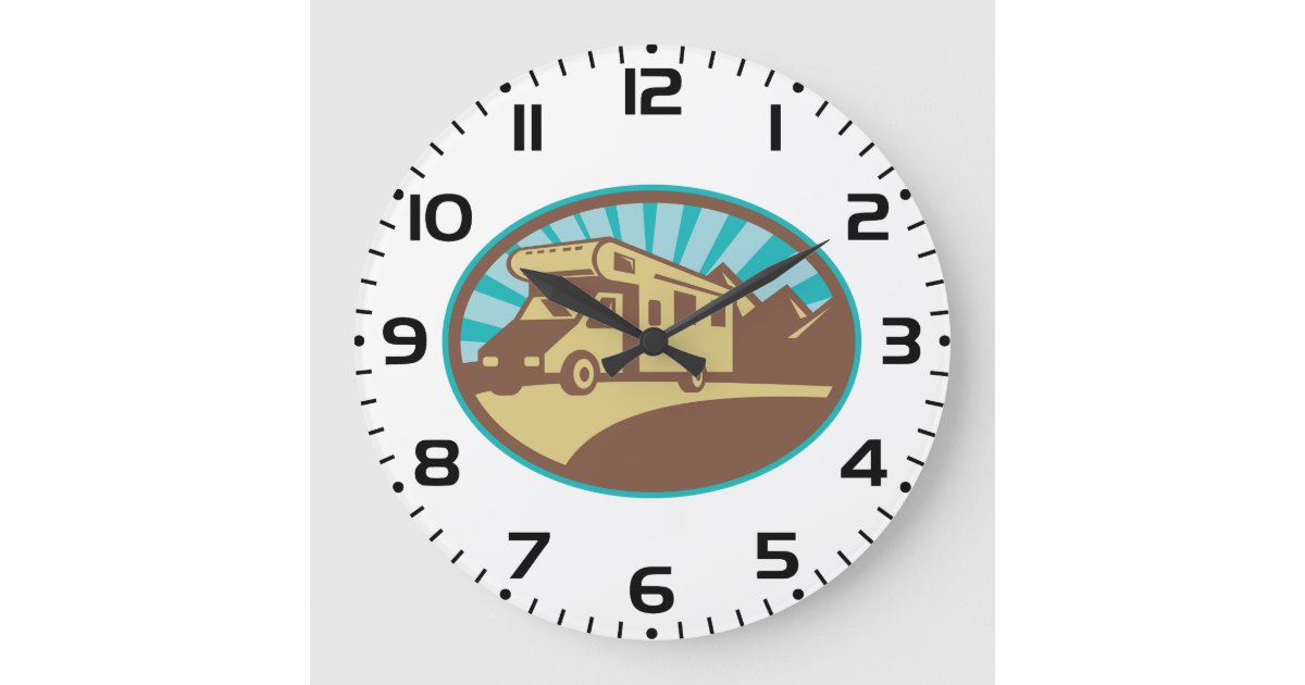 Retro RV Campervan Mountain Adventure Vintage Sun Large Clock | Zazzle