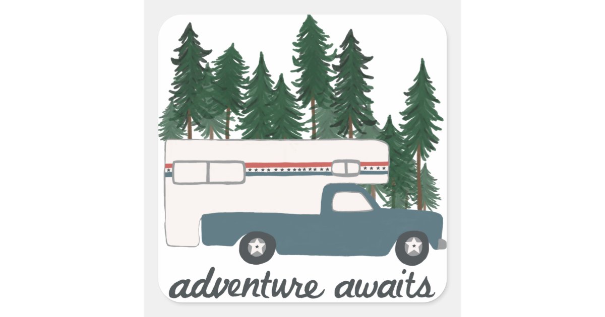 Retro RV Truck Camper RVing Adventure Square Sticker | Zazzle