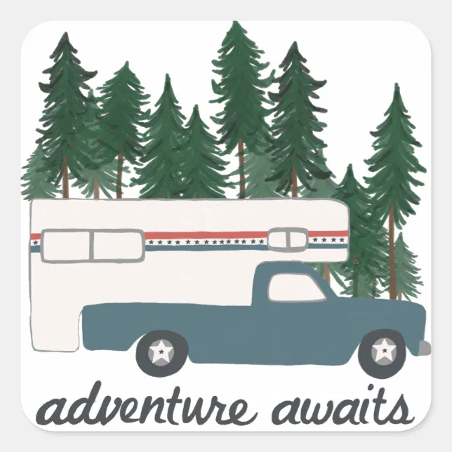 Retro RV Truck Camper RVing Adventure Square Sticker | Zazzle
