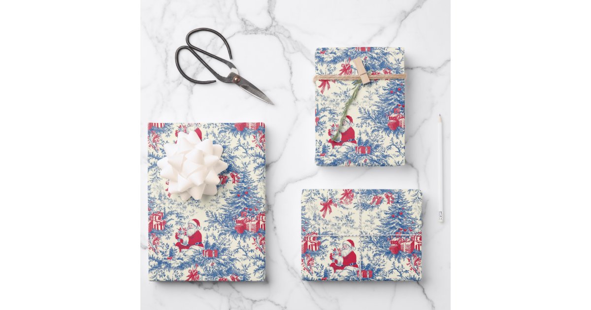 Retro Santa Blue & Red Christmas Tree Toile Wrap Wrapping Paper Sheets ...