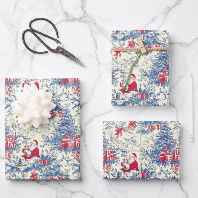 Retro Santa Blue & Red Christmas Tree Toile Wrap Wrapping Paper Sheets ...