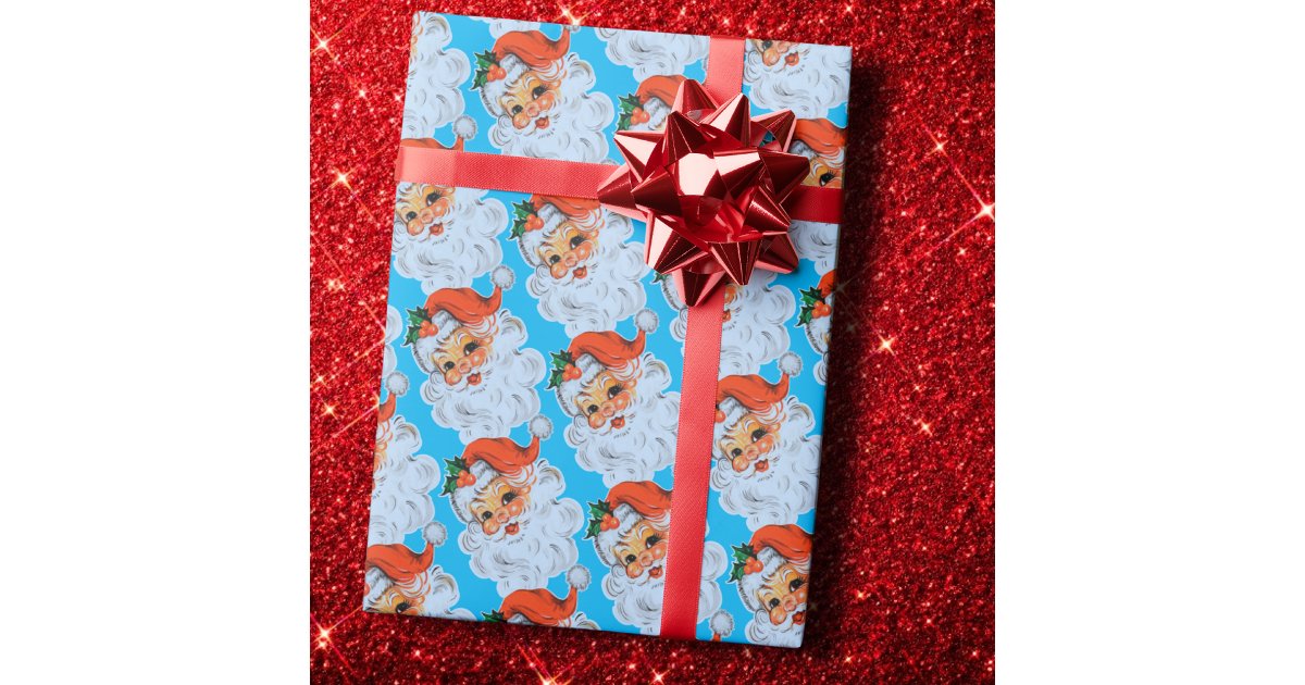 Retro Santa face Christmas Blue Wrapping Paper | Zazzle