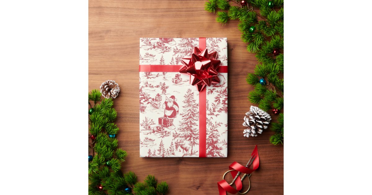 Retro Santa Vintage Red Christmas Tree Toile Wrap Wrapping Paper | Zazzle