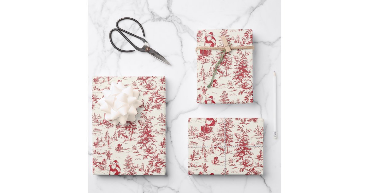 Retro Santa Vintage Red Christmas Tree Toile Wrap Wrapping Paper Sheets ...
