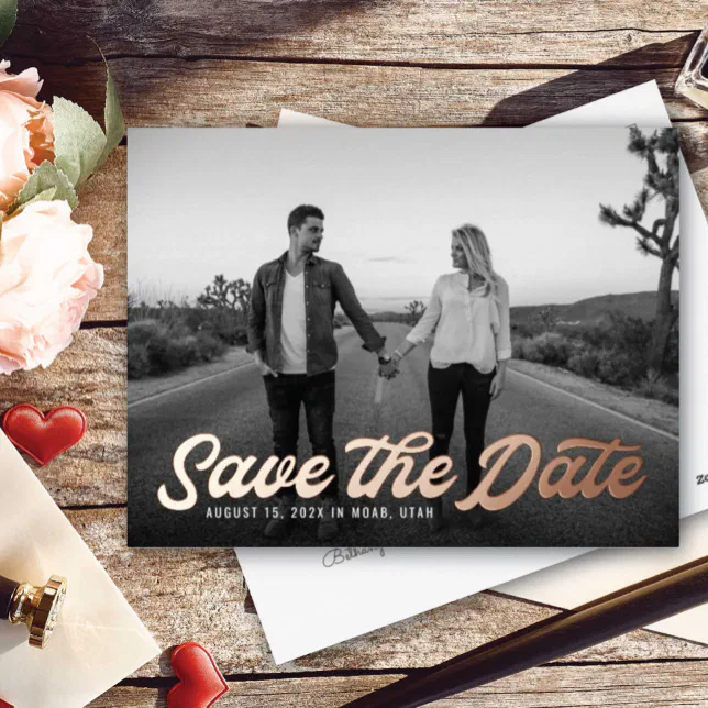 Retro Save the Date Foil Invitation Postcard | Zazzle