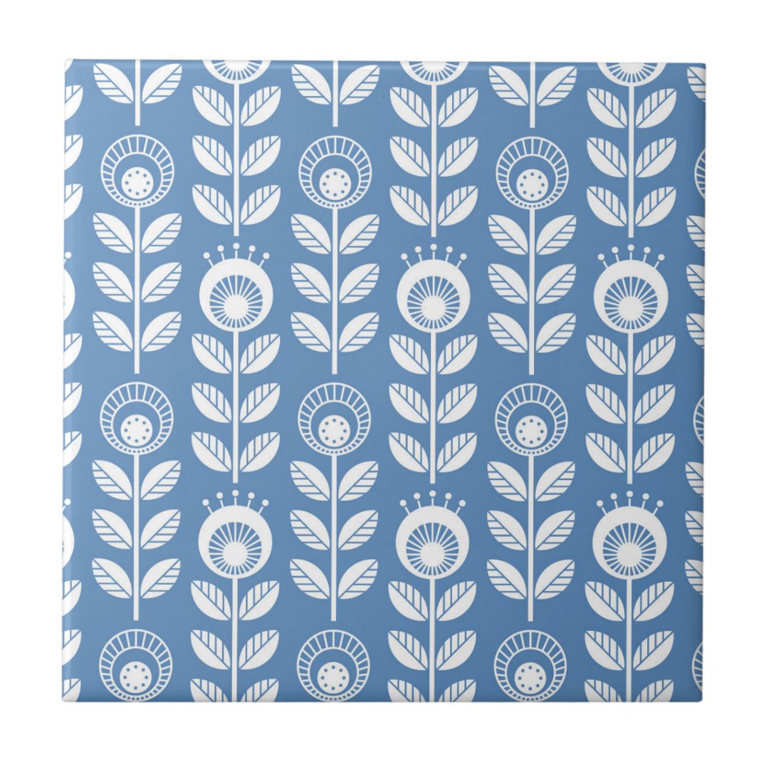 Retro Scandinavian Blue Pattern Ceramic Tile | Zazzle