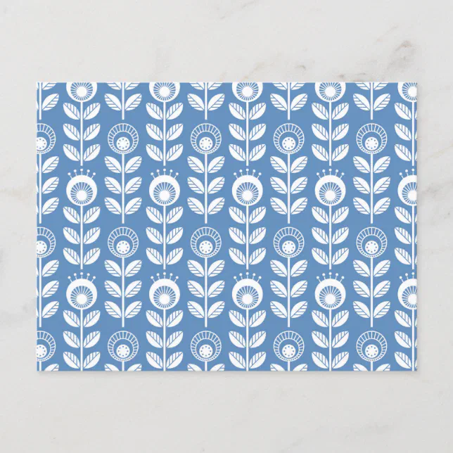 Retro Scandinavian Blue Pattern Holiday Postcard | Zazzle