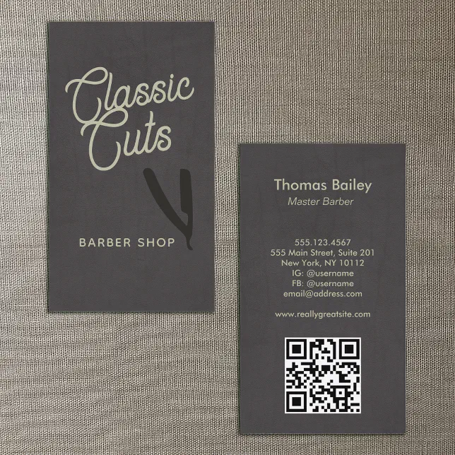 Retro Script Barber Shop QR Code Business Card | Zazzle