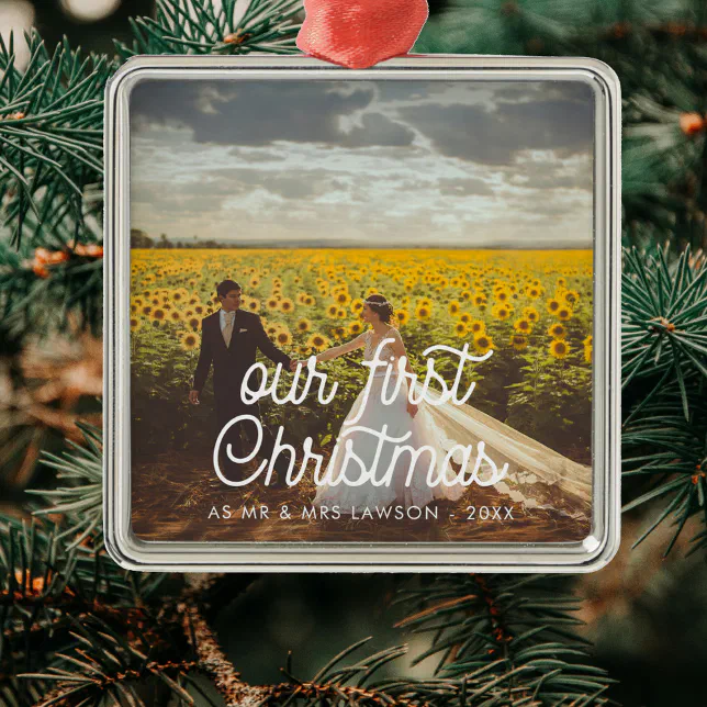Retro script Our First Christmas couple photo Metal Ornament | Zazzle