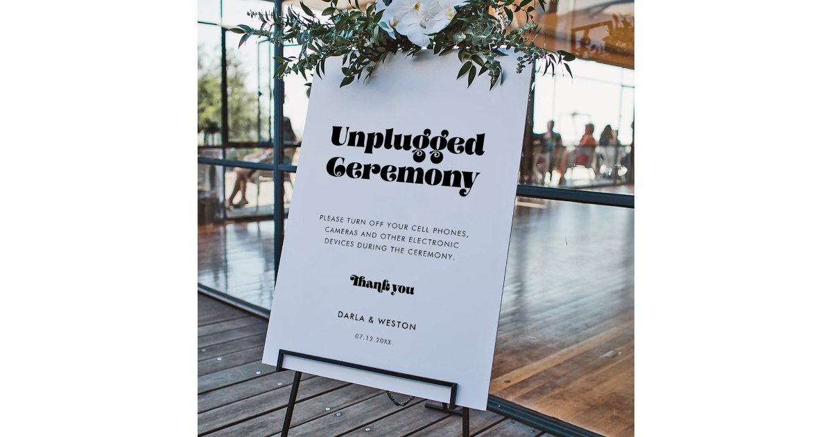 Retro script Unplugged ceremony wedding sign | Zazzle