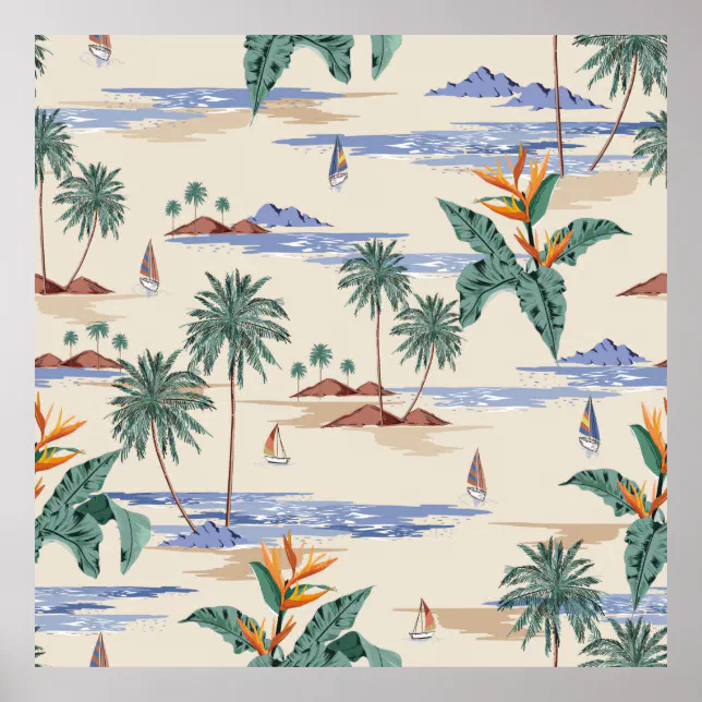 Retro seamless tropical island pattern on light be poster | Zazzle