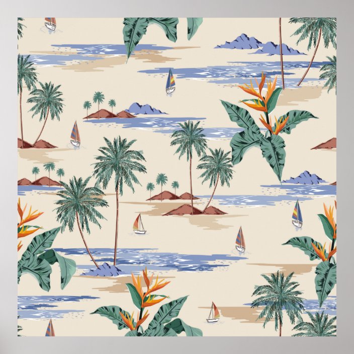 Retro seamless tropical island pattern on light be poster | Zazzle