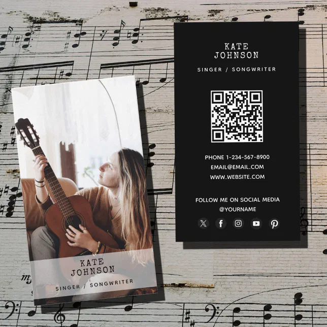 Retro Singer Musician Photo Modern Musical Black Business Card | Zazzle
