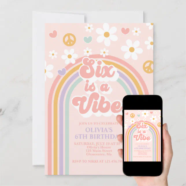 Retro Six is a Vibe Rainbow 6th Birthday Invitation | Zazzle