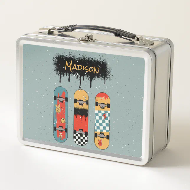Retro Skateboard Blue Cool Custom Name Metal Lunch Box | Zazzle