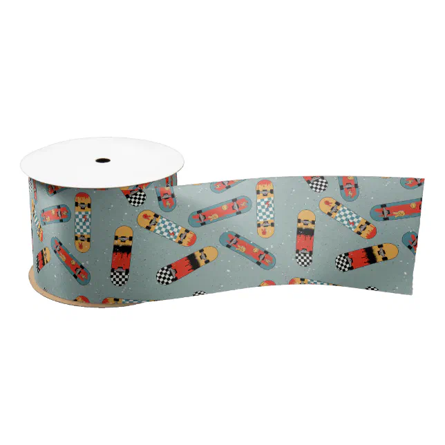 Retro Skateboard Blue Cool Pattern Satin Ribbon | Zazzle