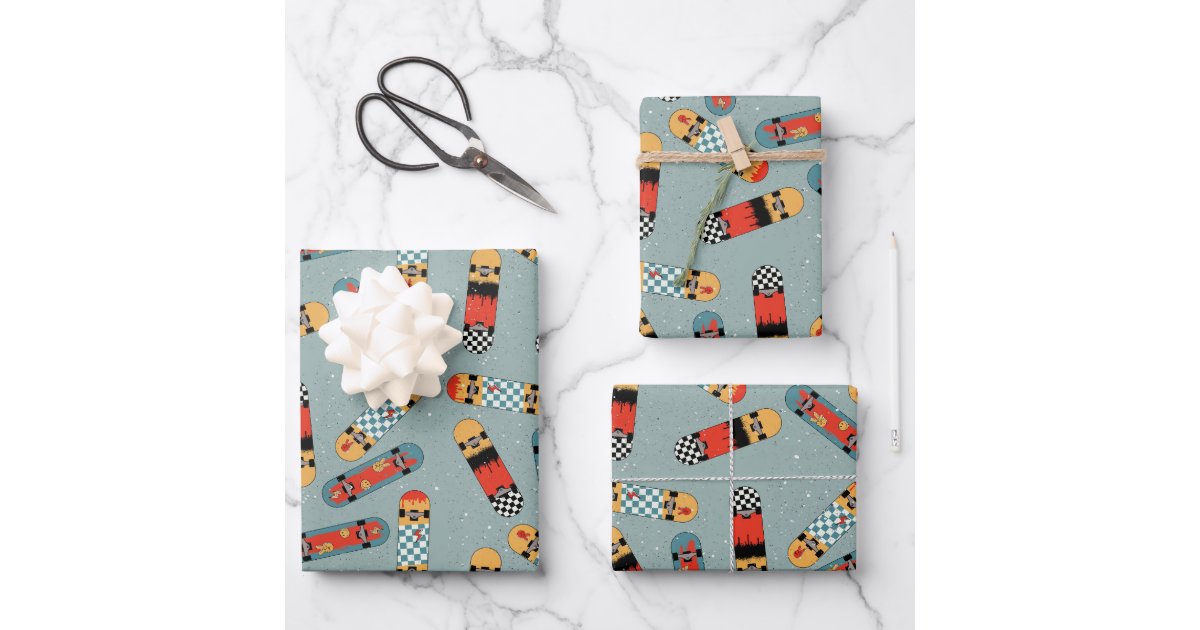 Retro Skateboard Blue Cool Pattern Wrapping Paper Sheets | Zazzle