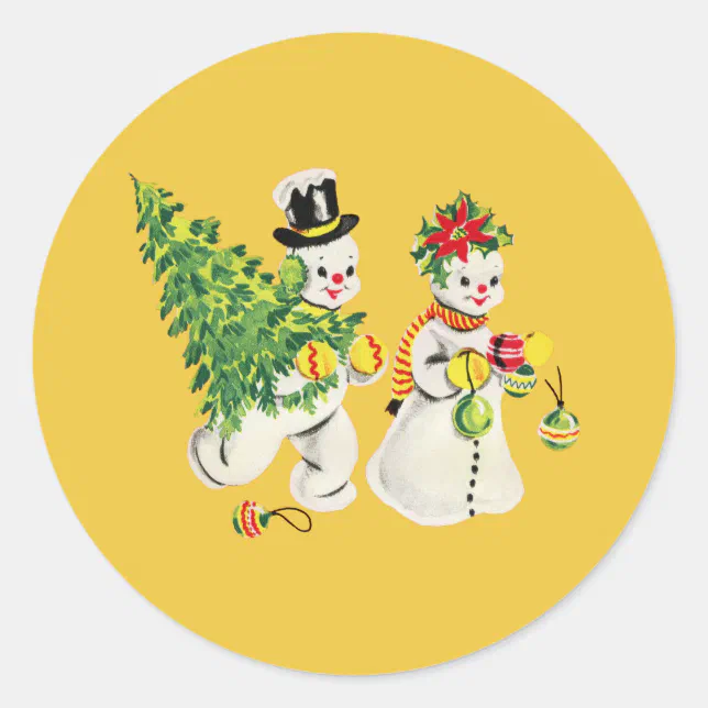Retro Snowmen Classic Round Sticker | Zazzle