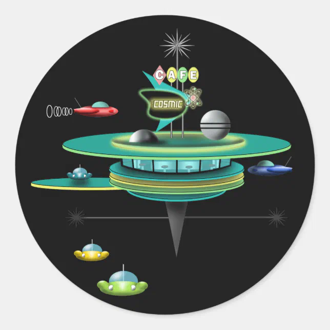Retro Space Diner Classic Round Sticker | Zazzle