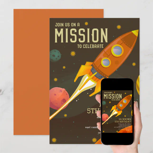 Retro Space Mission Kids Birthday Party Invitation | Zazzle