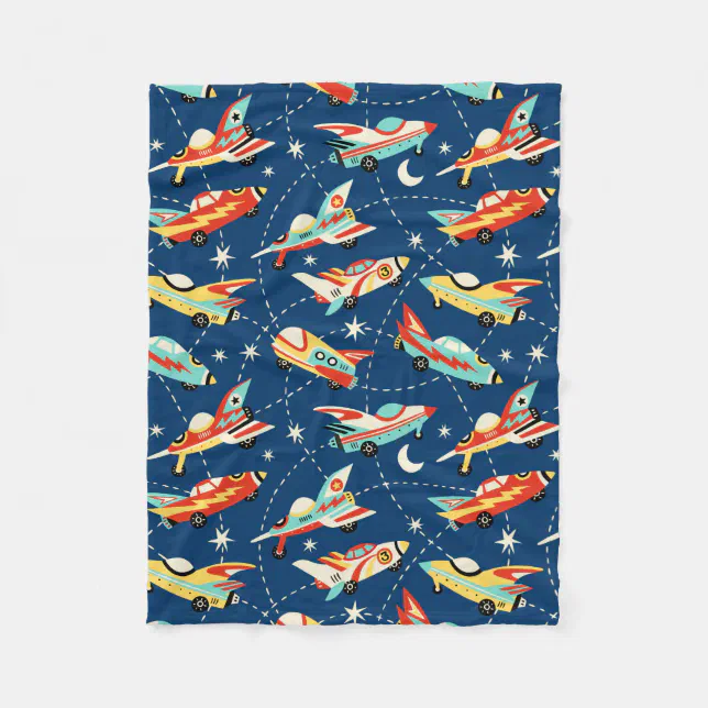 Retro Space Rocket Cars Blue Cute Kids Pattern Fleece Blanket | Zazzle