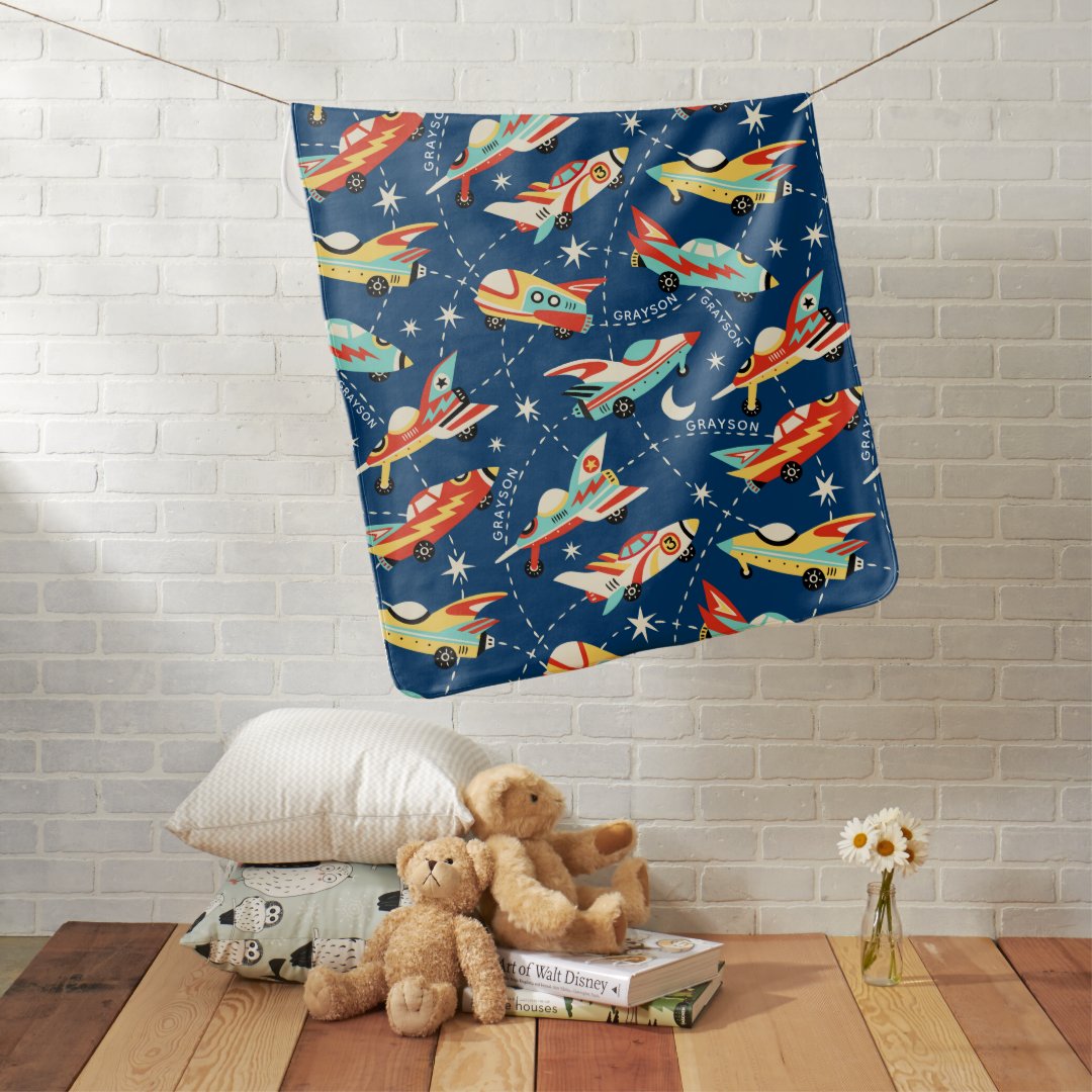 Retro Space Rocket Cars Blue Personalized Name Baby Blanket | Zazzle