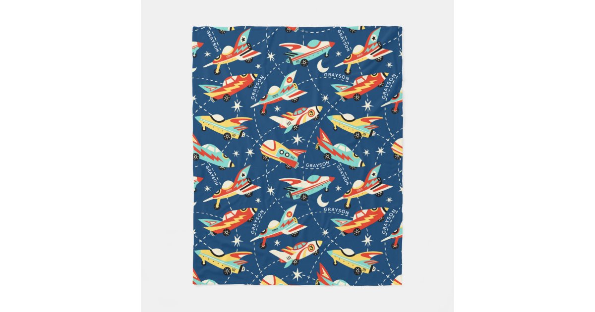 Retro Space Rocket Cars Blue Personalized Name Fleece Blanket | Zazzle